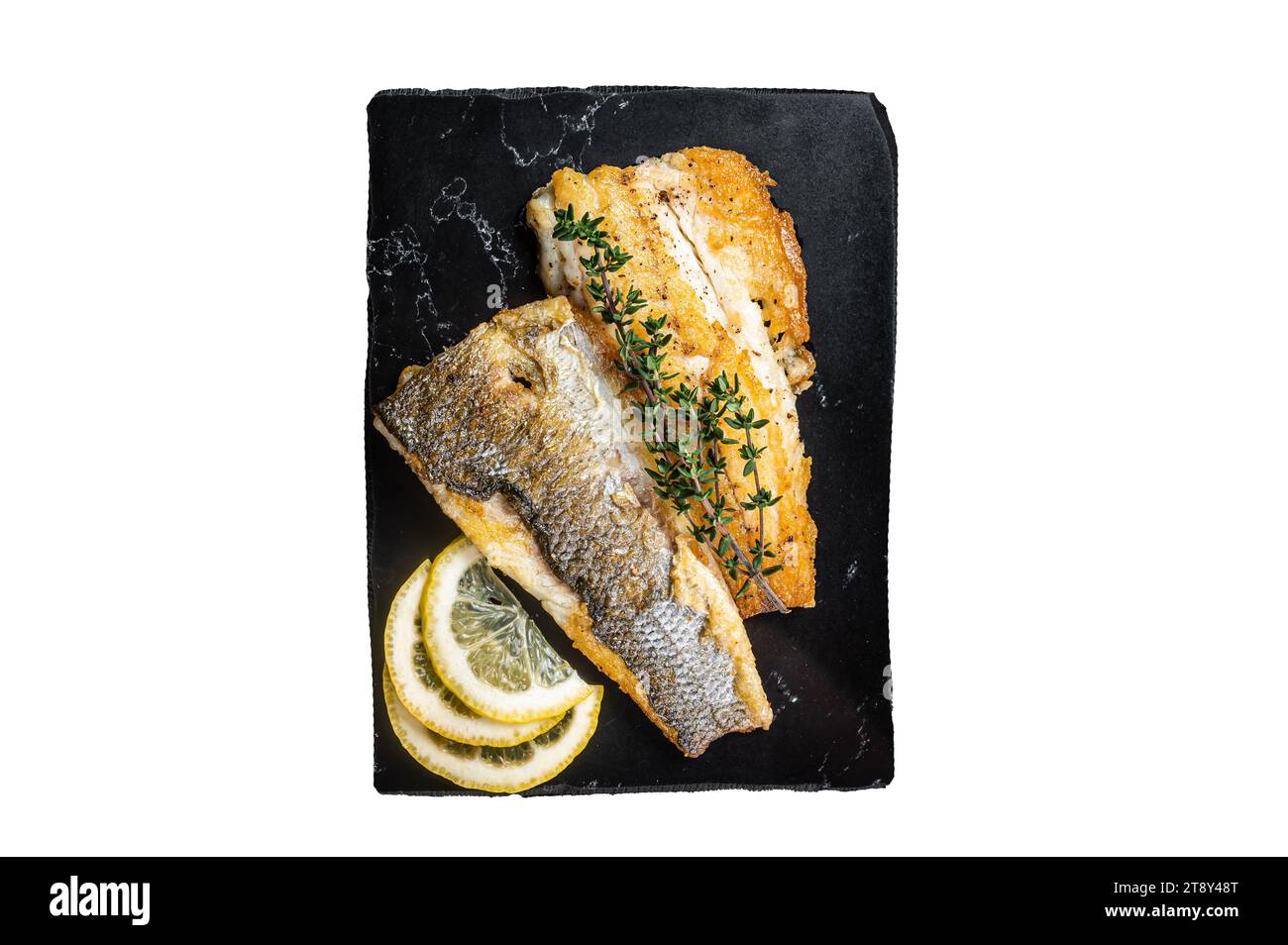 Roast sea bass fillet with lemon and thyme, seabass fish. Isolated ...