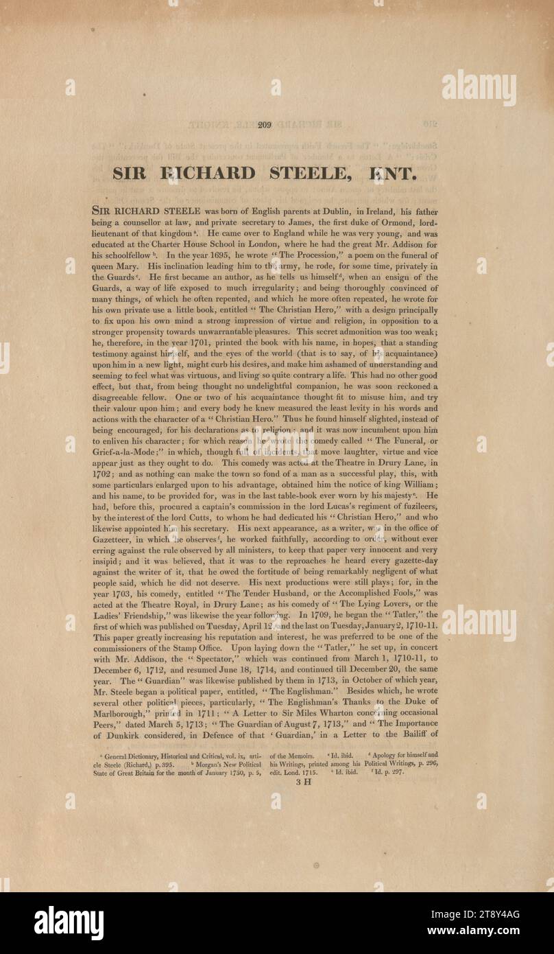 SIR RICHARD STEELE, KNT.', Unknown, 1813, paper, printing, height 50 cm ...