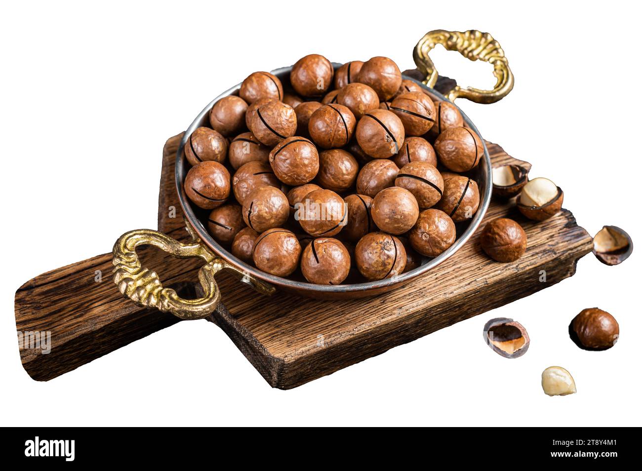 Macadamia nuts in a shell ready to eat. Isolated, white background ...