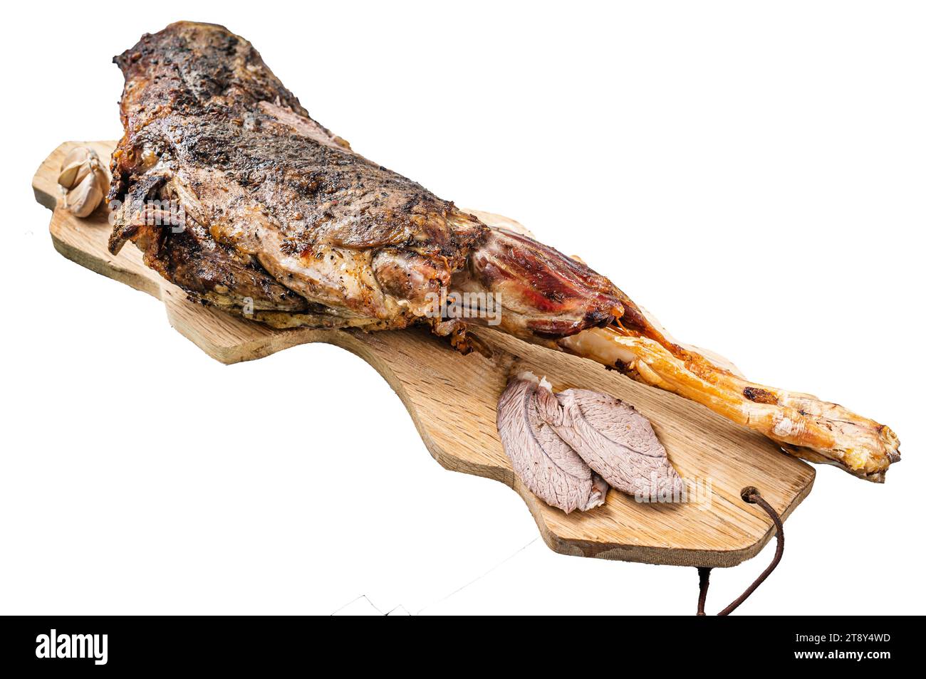 Whole roast mutton lamb leg with spices on a wooden board. Isolated ...