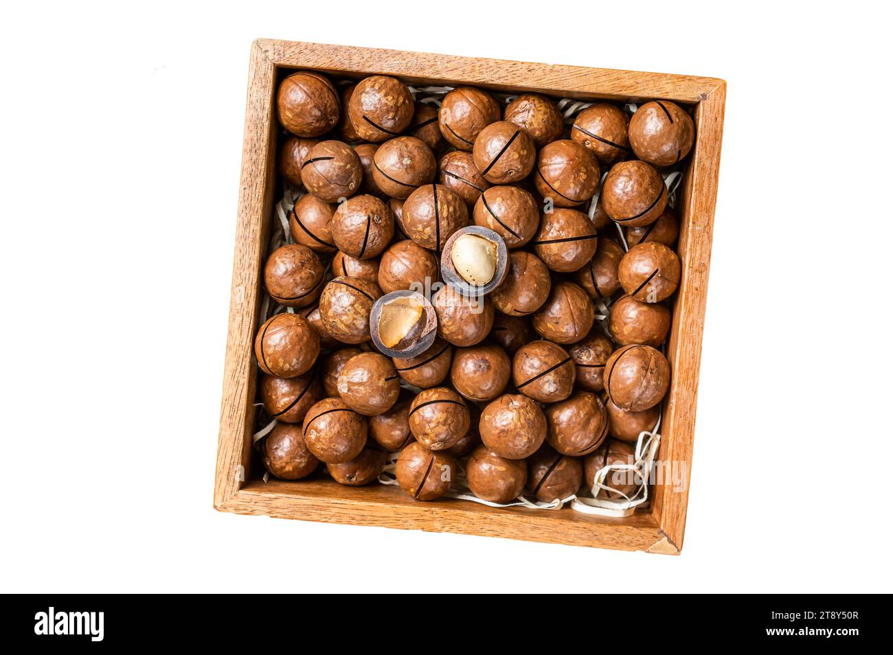 Macadamia natural nuts in a box. Isolated, white background Stock Photo ...