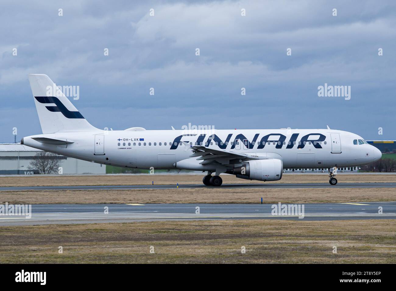 Finnair Airbus A320 taxiing to the runway for takeoff from Prague Stock ...