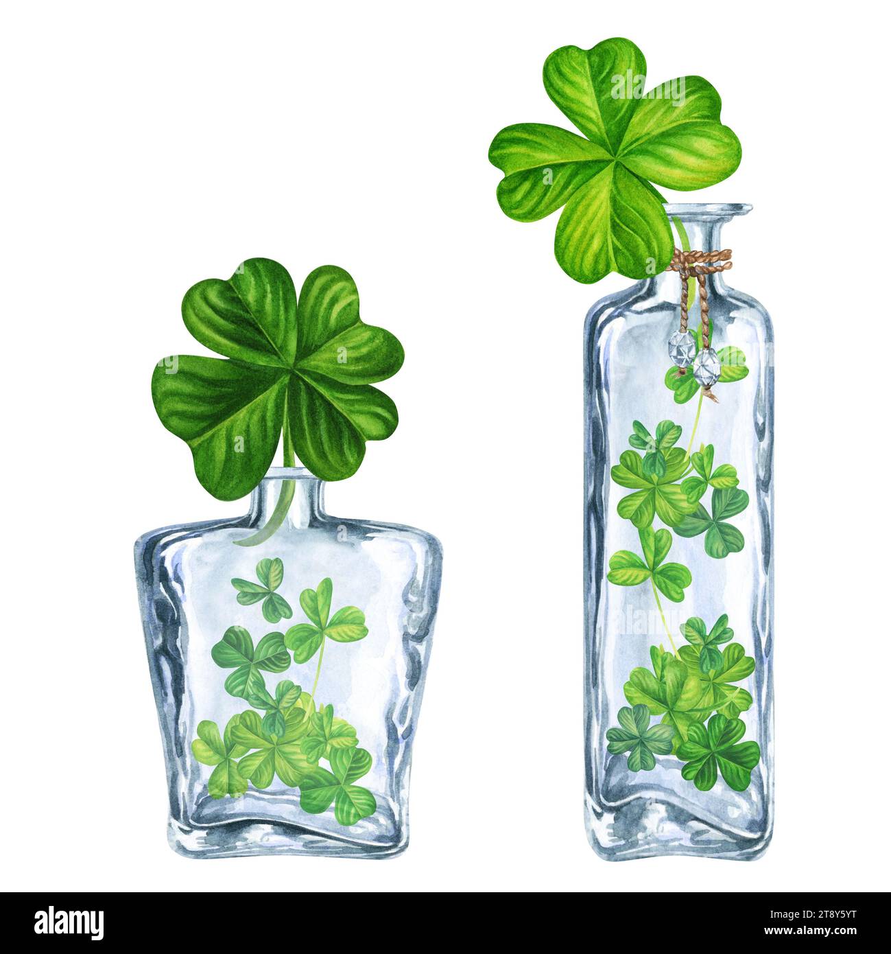 Watercolor glass bottles with green shamrocks. . Design of a bright ...