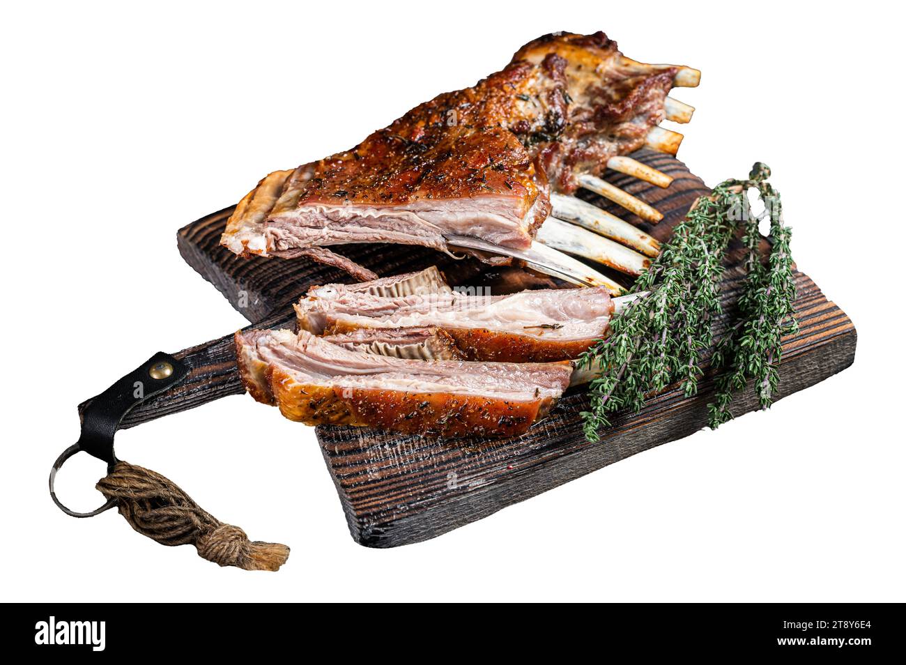 Grilled Rack of lamb ribs, mutton spareribs on wooden board. Isolated ...