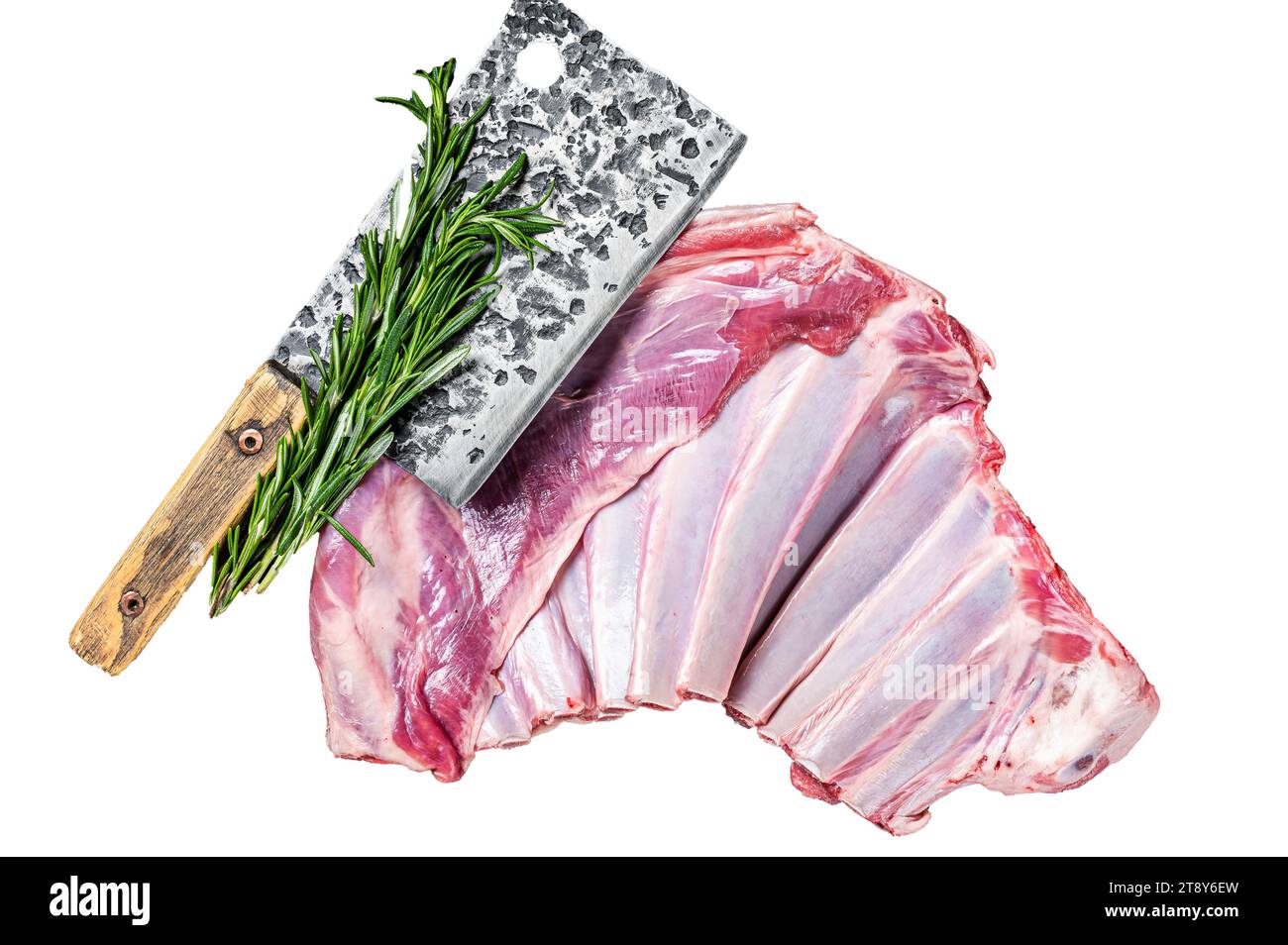 Butcher table with Rack of lamb, raw mutton ribs with meat cleaver ...