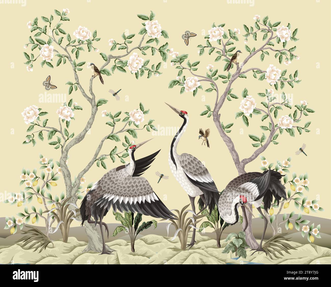 Chinoiserie wallpaper with peonies trees and dancing crenies. Vector ...
