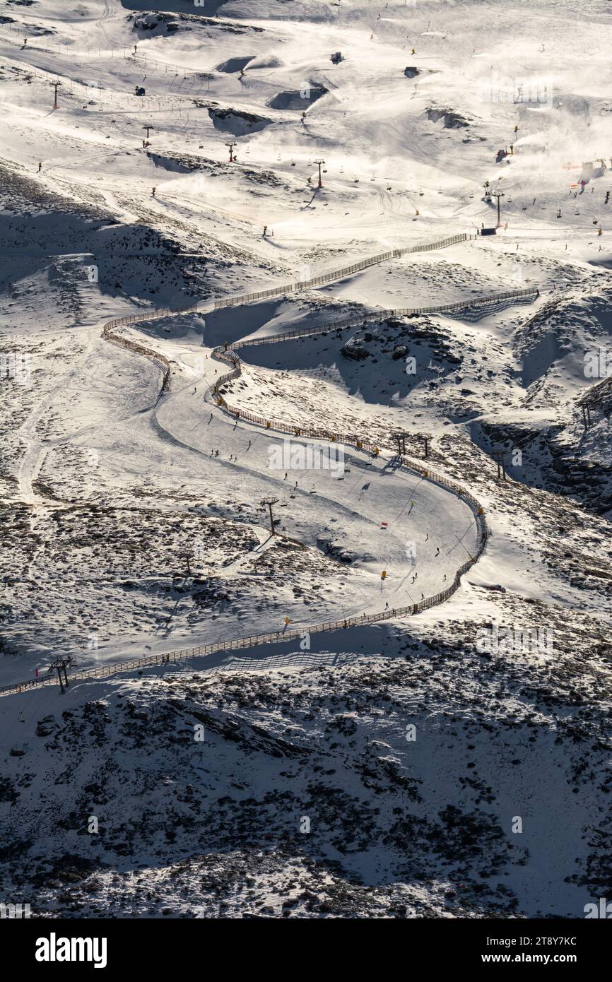 front view of ski slope, with people skiing, in sierra nevada ski ...
