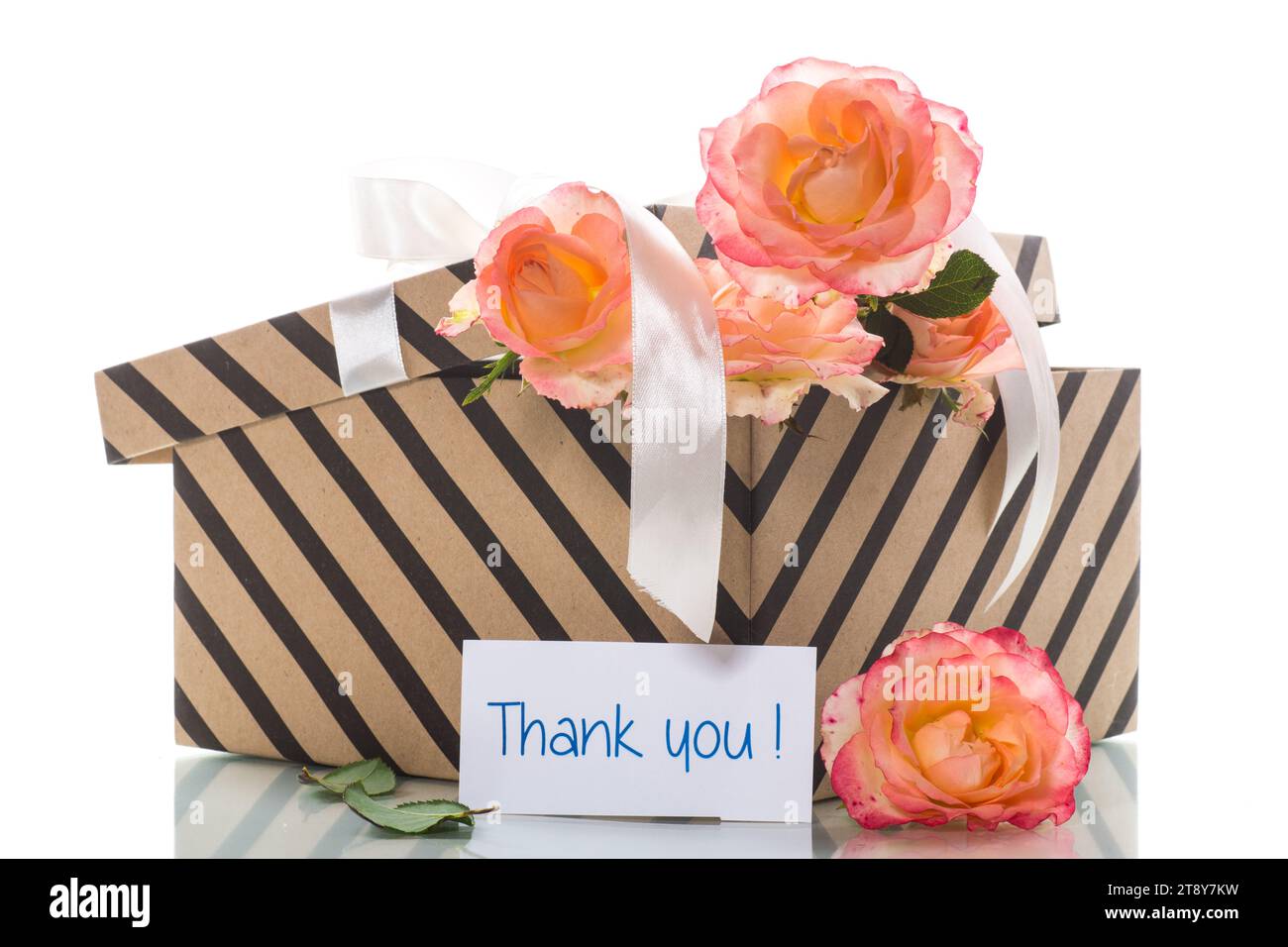 gift box with ribbons and beautiful roses inside, isolated on a white ...