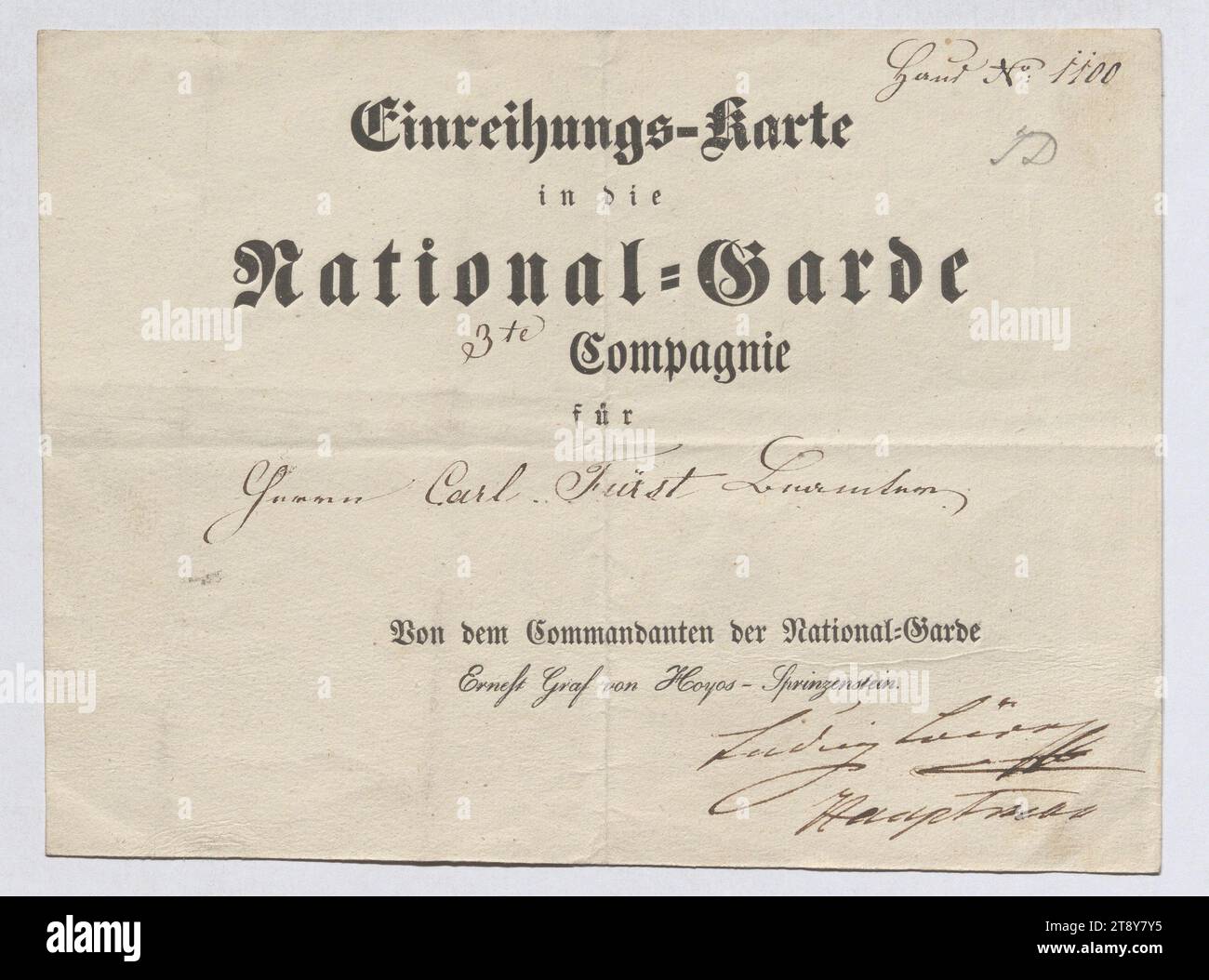 Classification card into the National Guard, 3rd comp, for Carl Fürst ...
