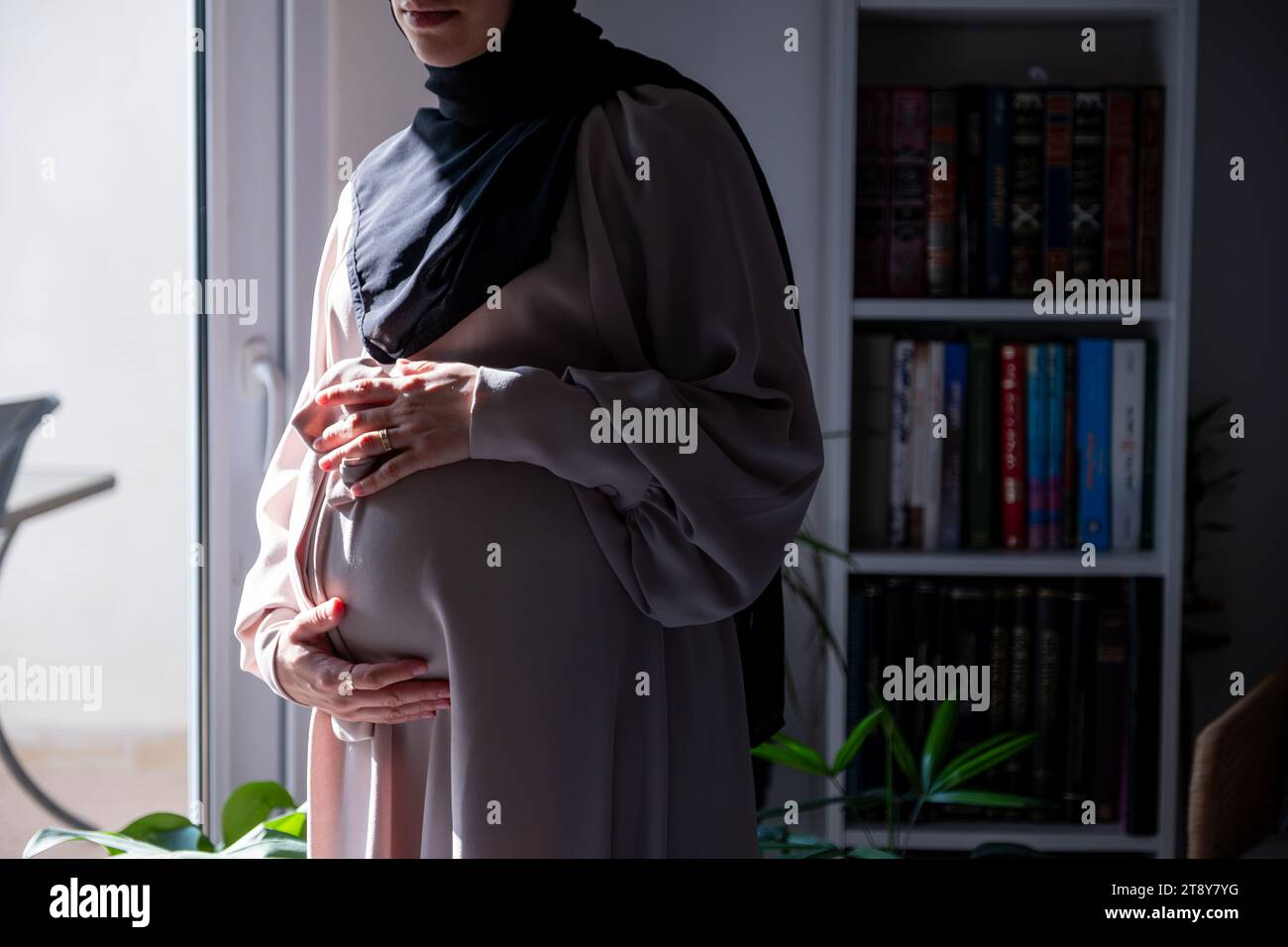 Pregnant muslim woman with home library Stock Photo - Alamy