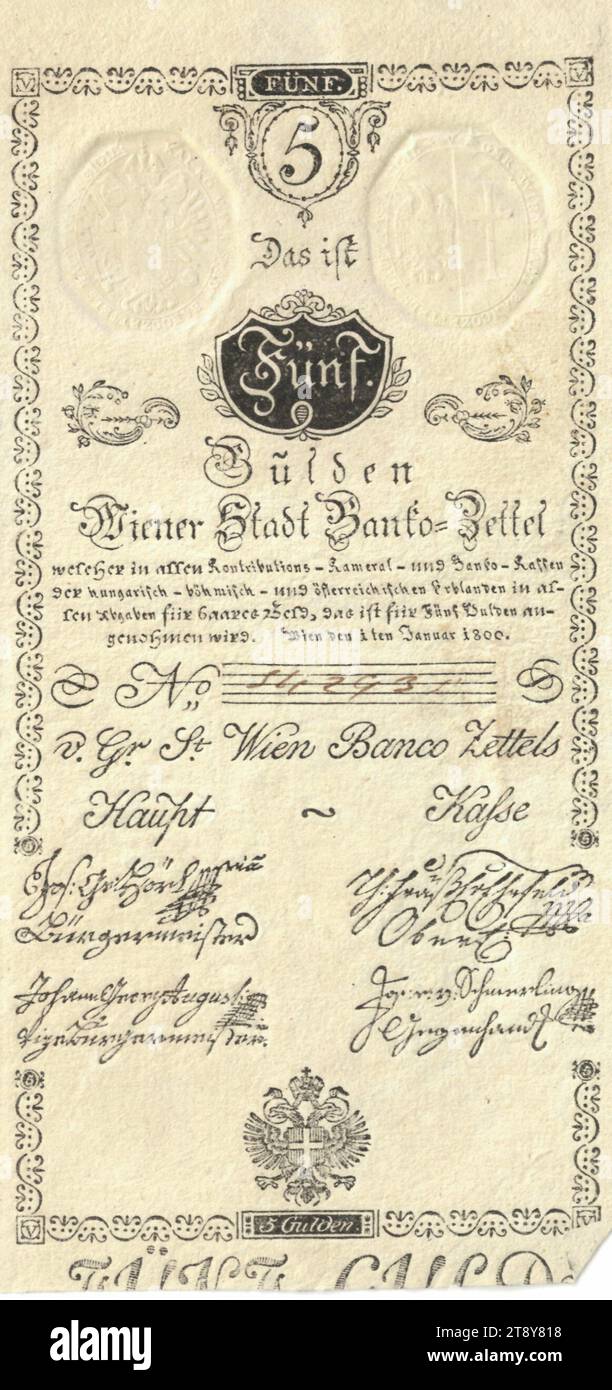 Banco slip, 5 florins, Vienna City Banco, Mint Authority, 01.01.1800 ...