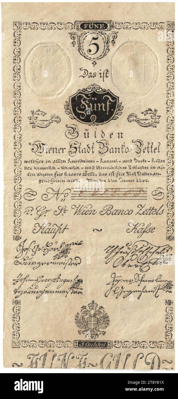 Banco slip, 5 florins, Vienna City Banco, Mint Authority, 01.01.1800 ...
