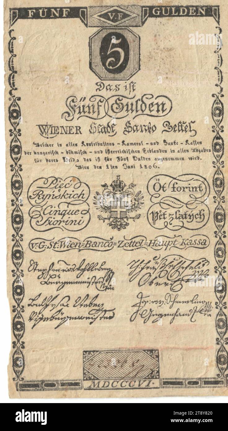 Banco bill, 5 florins, Vienna City Banco, Mint Authority, 01.06.1806 ...