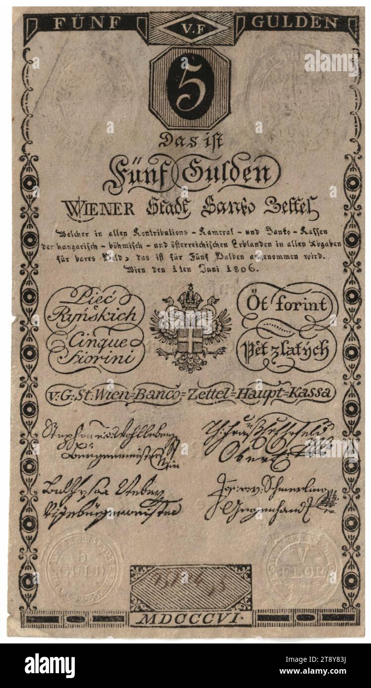 Banco slip, 5 florins, Vienna City Banco, Mint Authority, 01.06.1806 ...