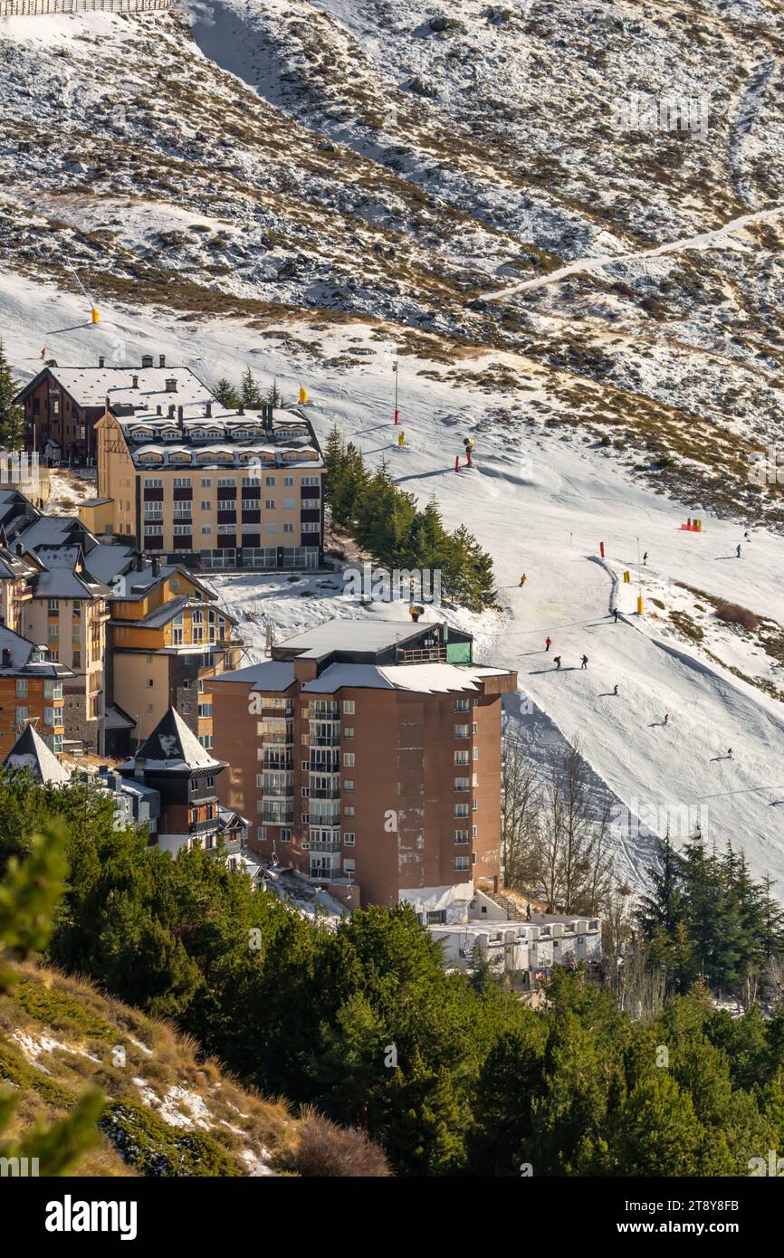 aerial view of ski resort hotels and slopes with skiers, sierra nevada ...