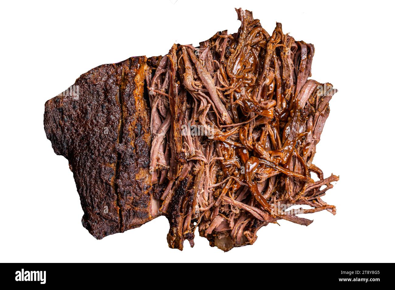 BBQ pulled pork meat on plate. Isolated, white background Stock Photo ...