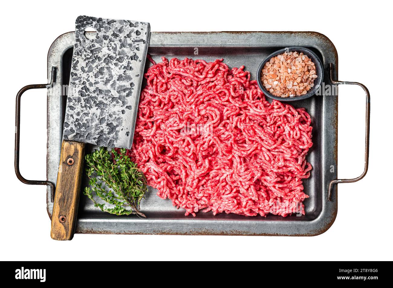 Raw Forcemeat , Mince Ground beef and pork in a kitchen tray. Isolated ...