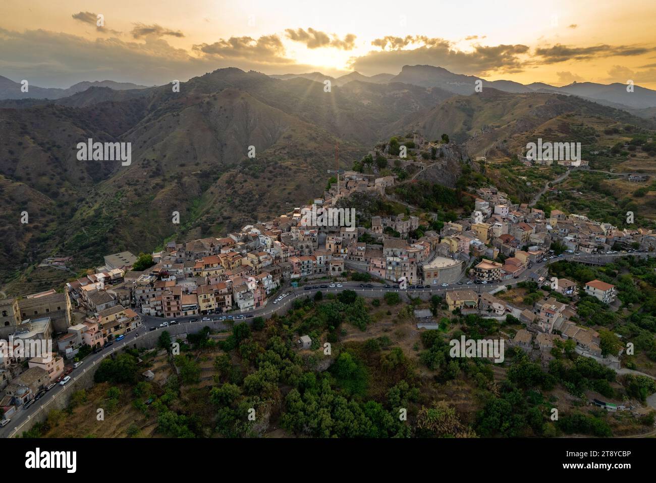 Aerial view of old picturesque town of Forza d'Agro at sunset, Sicily ...