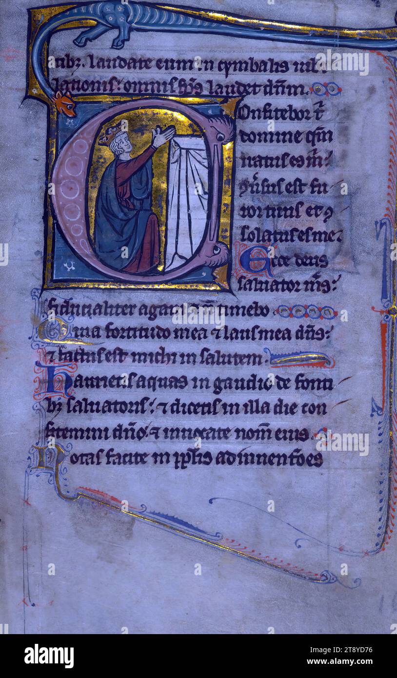 Psalter of Jernoul de Camphaing, Initial 'C' with king praying at altar ...