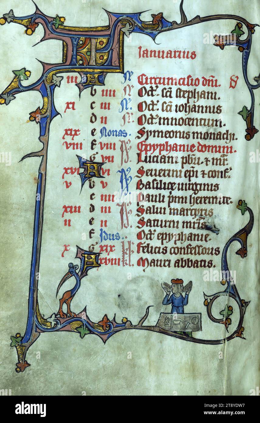 Book of Hours, Labors of the Months; Two-faced man (Janus) feasting ...