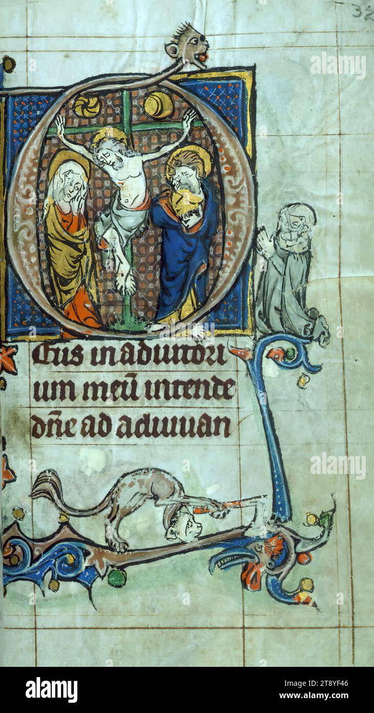 Book of Hours (incomplete), Initial 'D' with Crucifixion and kneeling ...