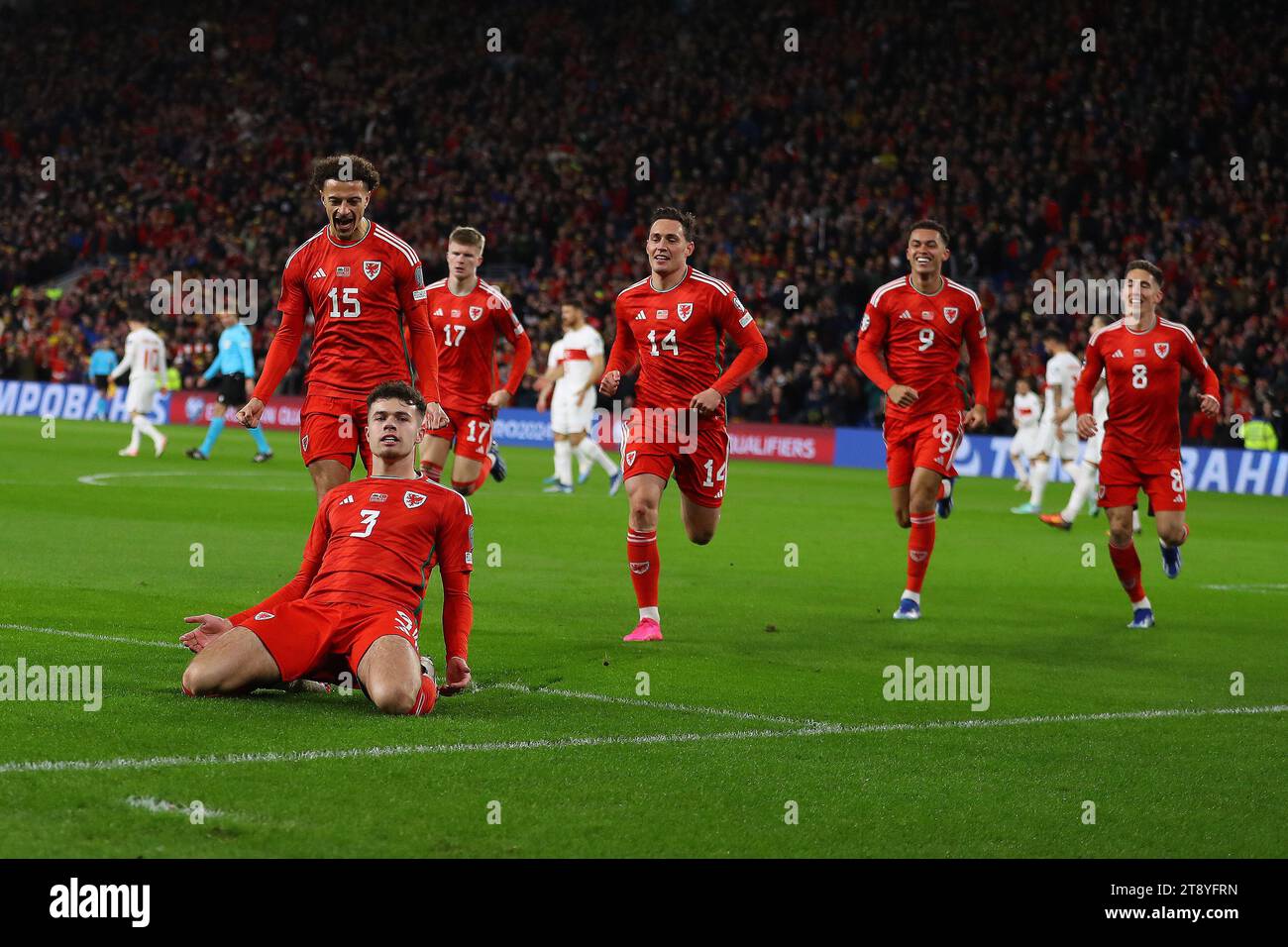 Cardiff, UK. 21st Nov, 2023. Neco Williams of Wales celebrates after he ...