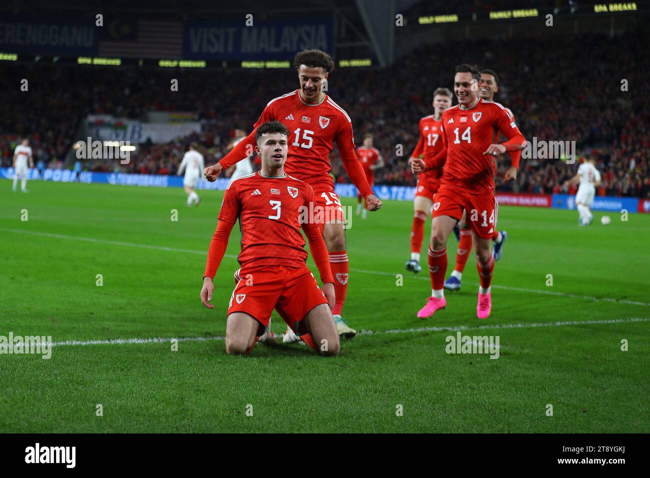 Cardiff, UK. 21st Nov, 2023. Neco Williams of Wales (3) celebrates with ...