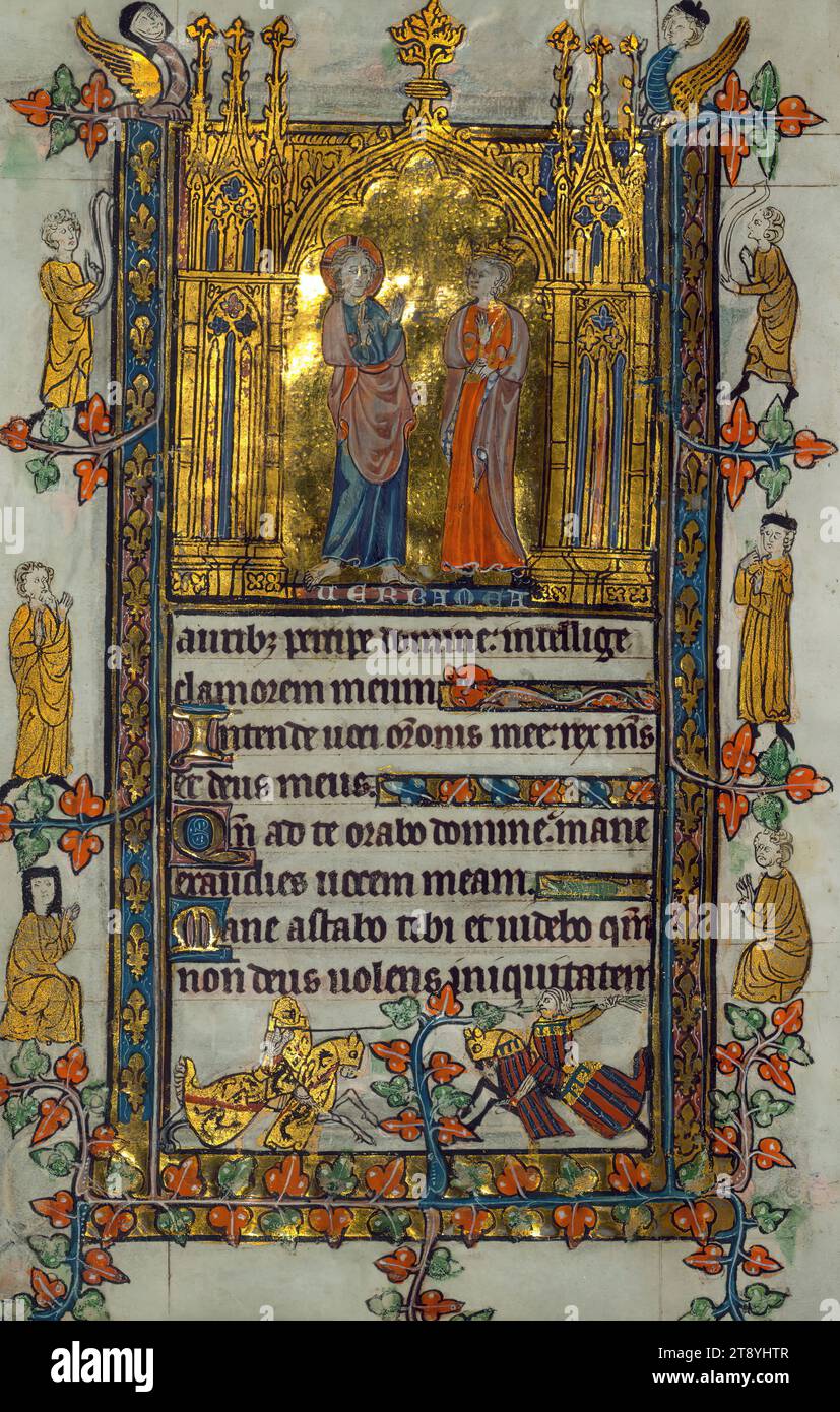 Book of Hours, King David and Christ; jousting knights bearing arms of ...