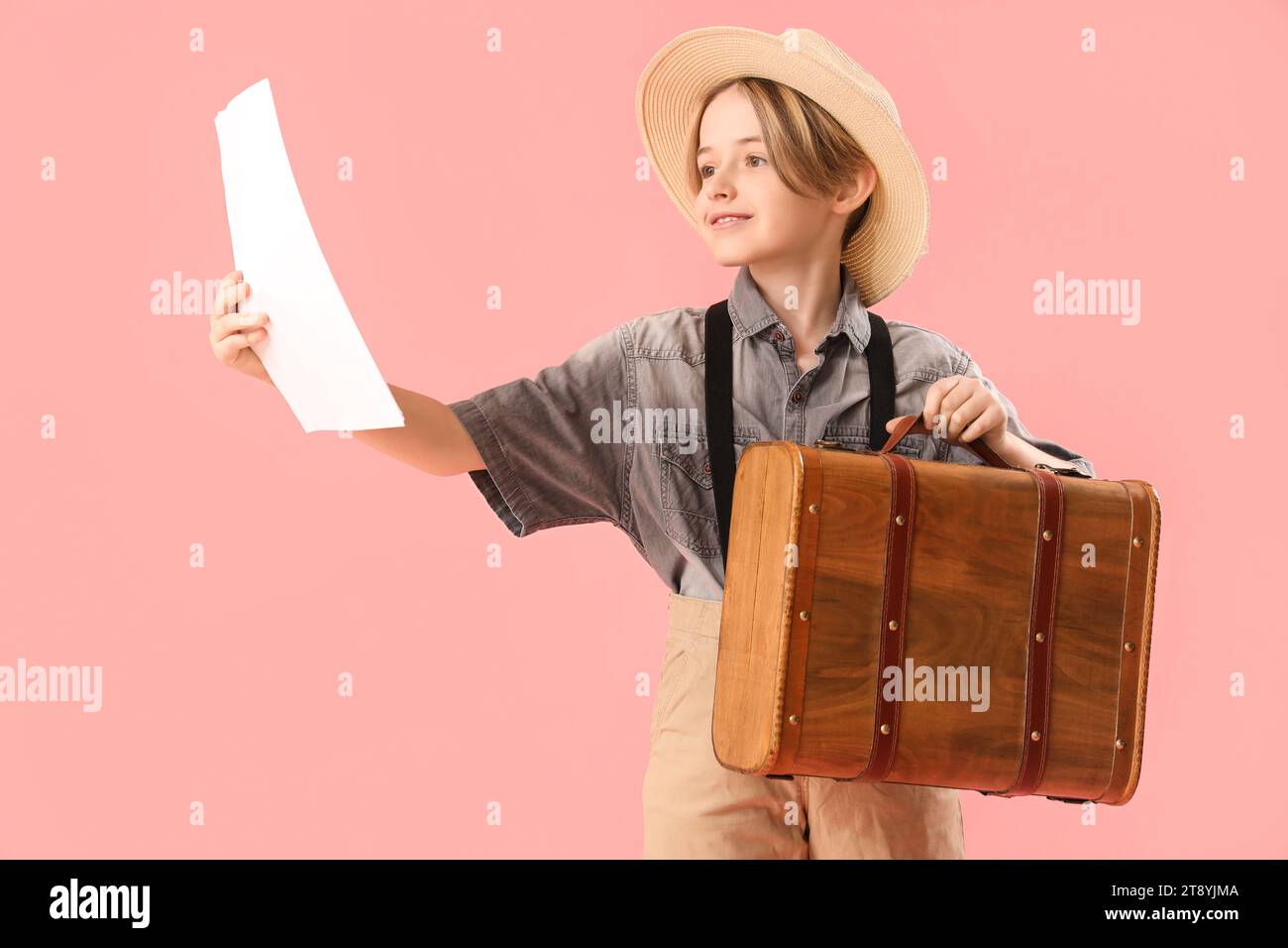 Little actor with suitcase and film script on pink background Stock ...