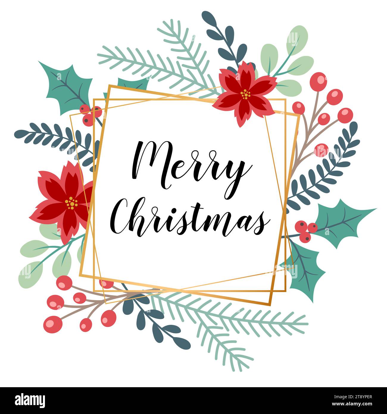 Decorative Christmas floral frame with evergreen plants, flowers and ...