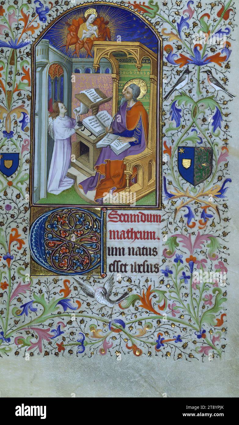 Malet-Lannoy Hours, St. Matthew writing beneath vision of Virgin, This ...