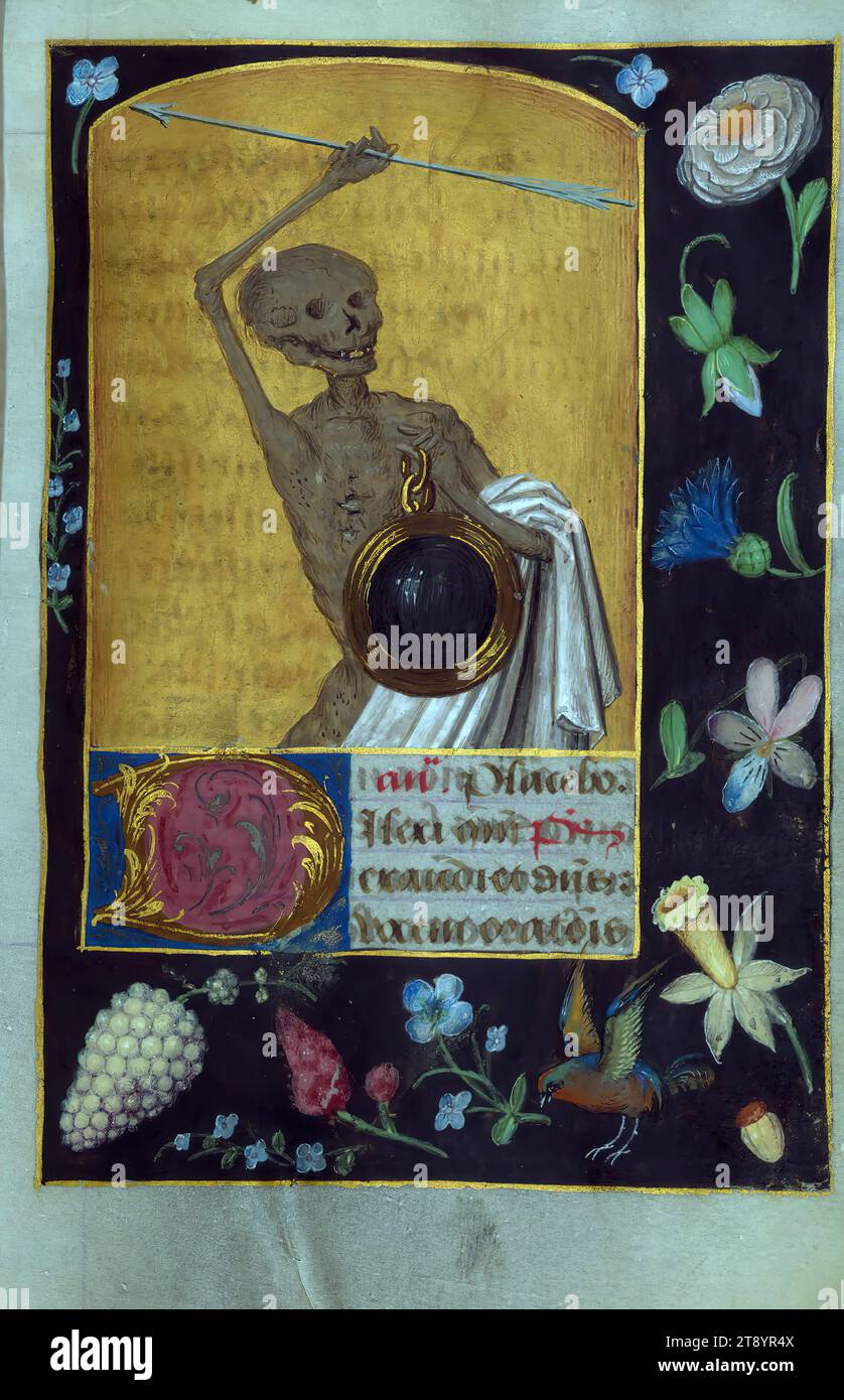 Book of Hours (Use of Rome), Skeleton with arrow and black mirror ...