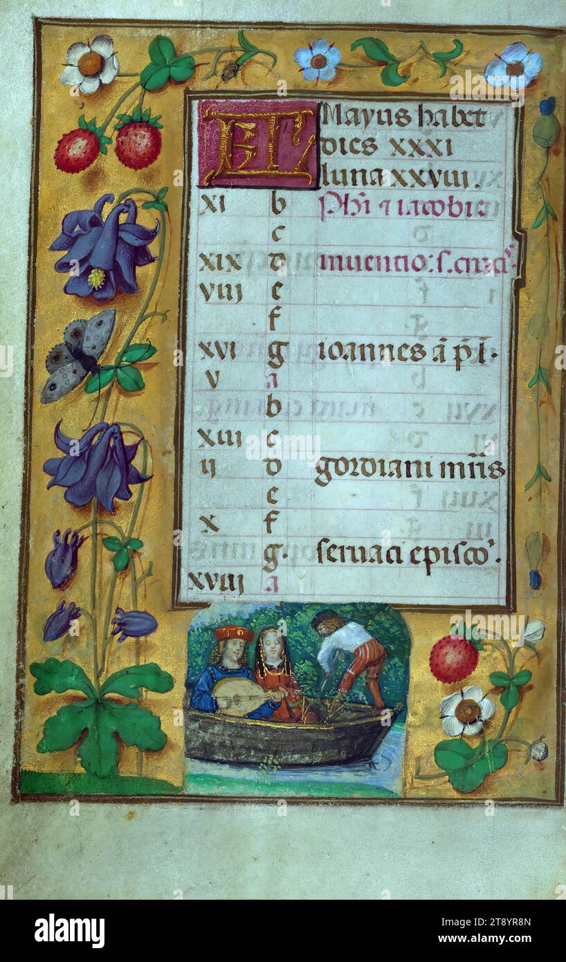 Book of Hours, Lute player and woman in boat, This manuscript was ...