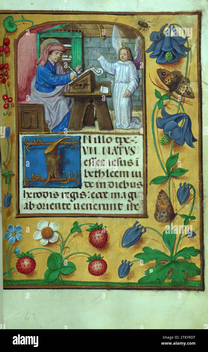 Book of Hours, St. Matthew writing in study, This manuscript was ...