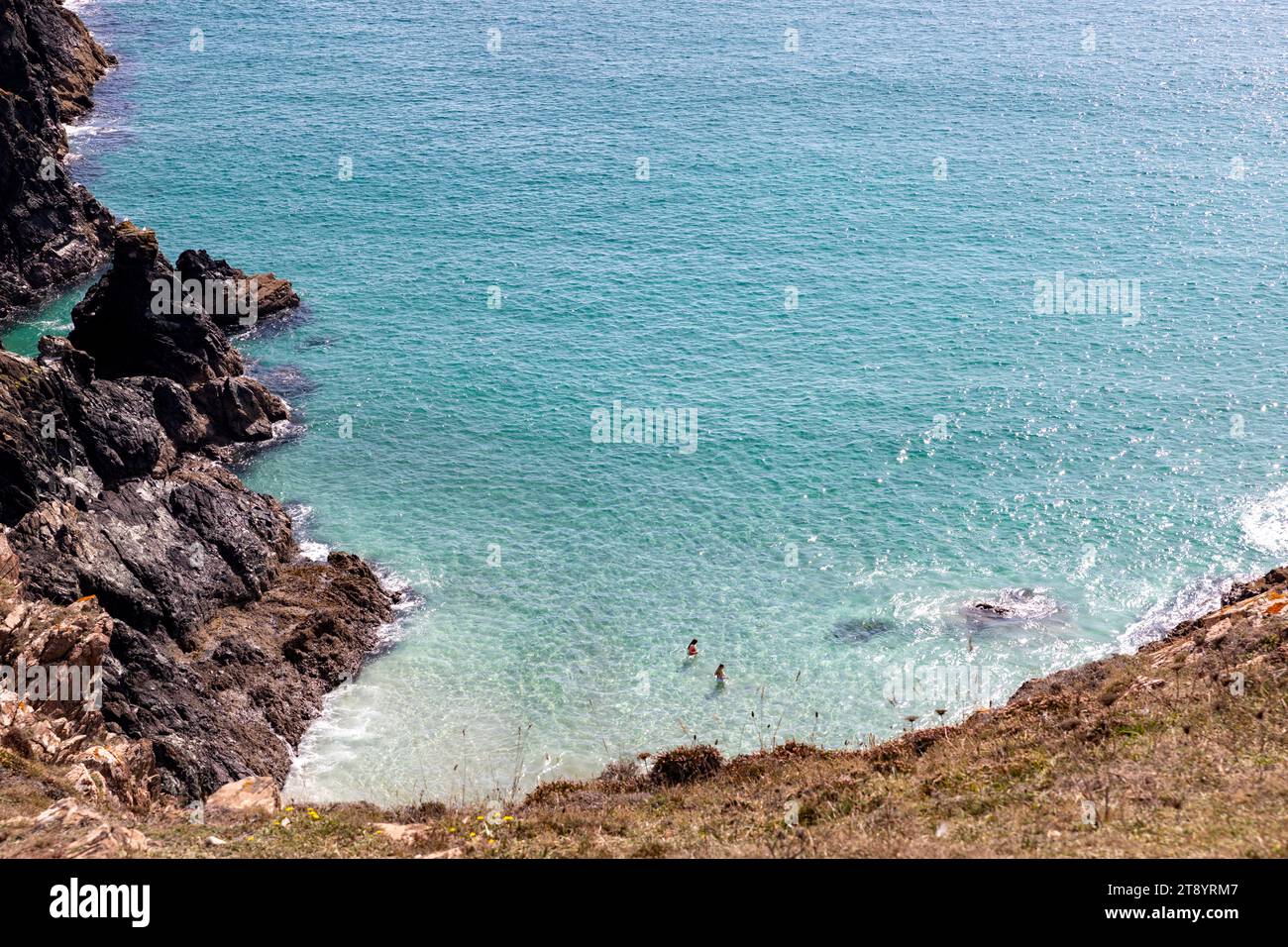 Kynance Cove in Cornwall, people swimming in the turquoise blue waters ...