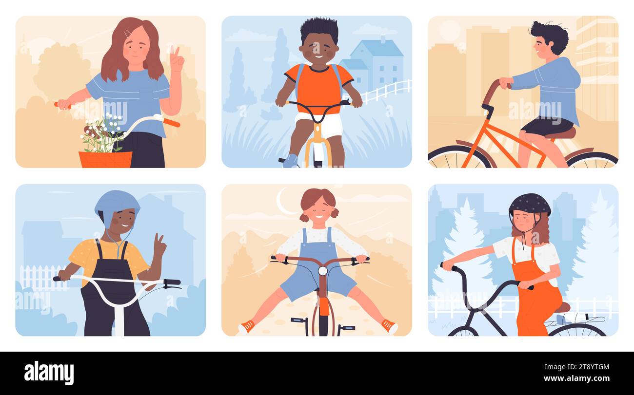 Kids ride bicycles set vector illustration. Cartoon front and side view ...
