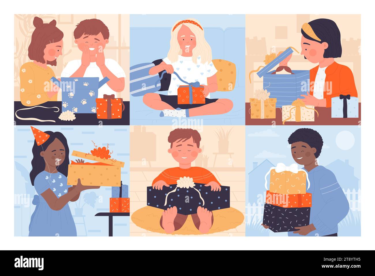 Kids open gift boxes set vector illustration. Cartoon happy cute boy ...