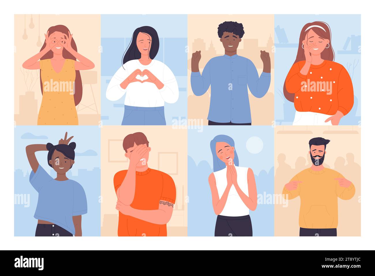 Happy gestures of people set vector illustration. Cartoon excited adult ...