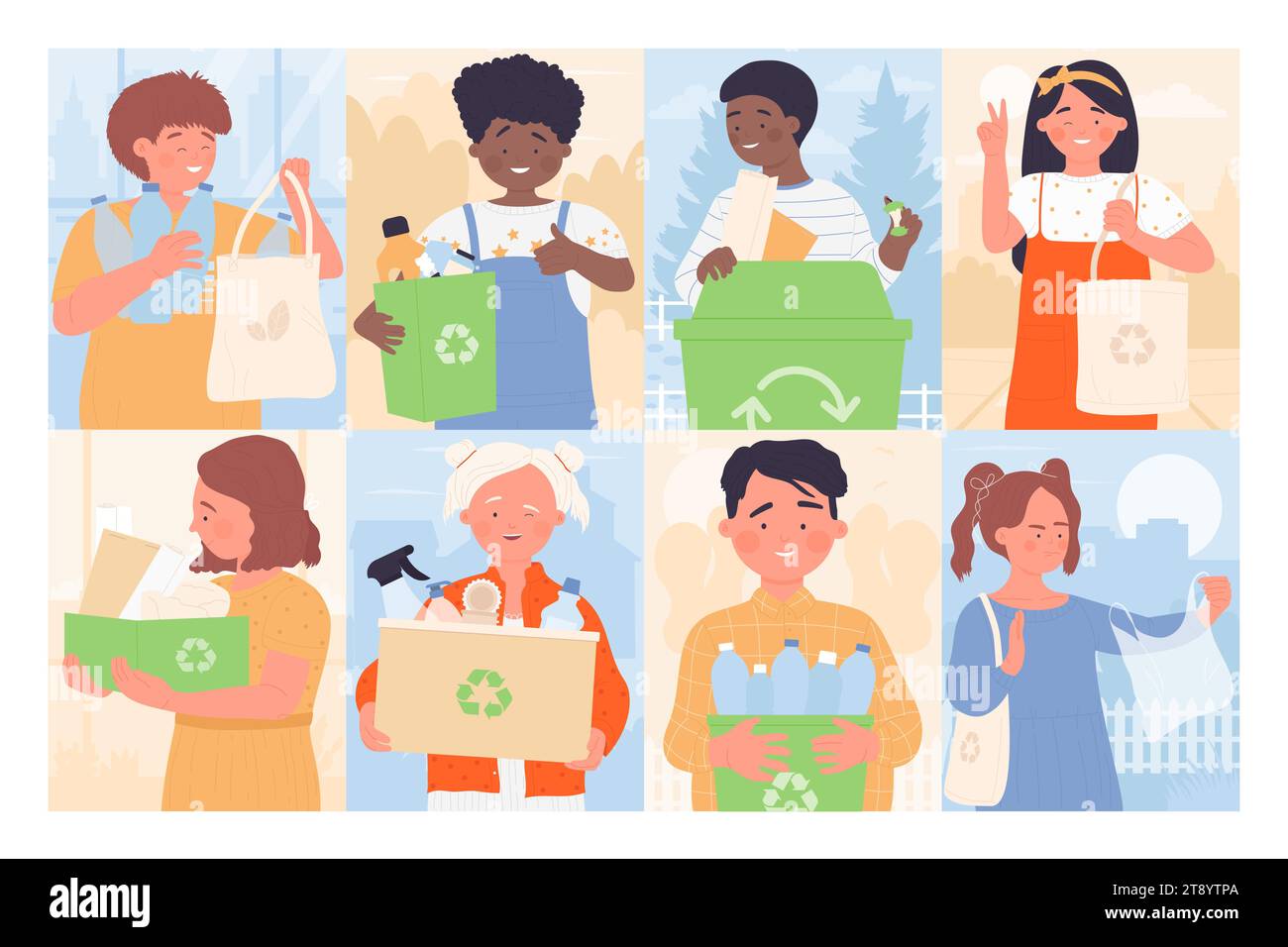 Kids collect trash for recycling set vector illustration. Cartoon happy ...