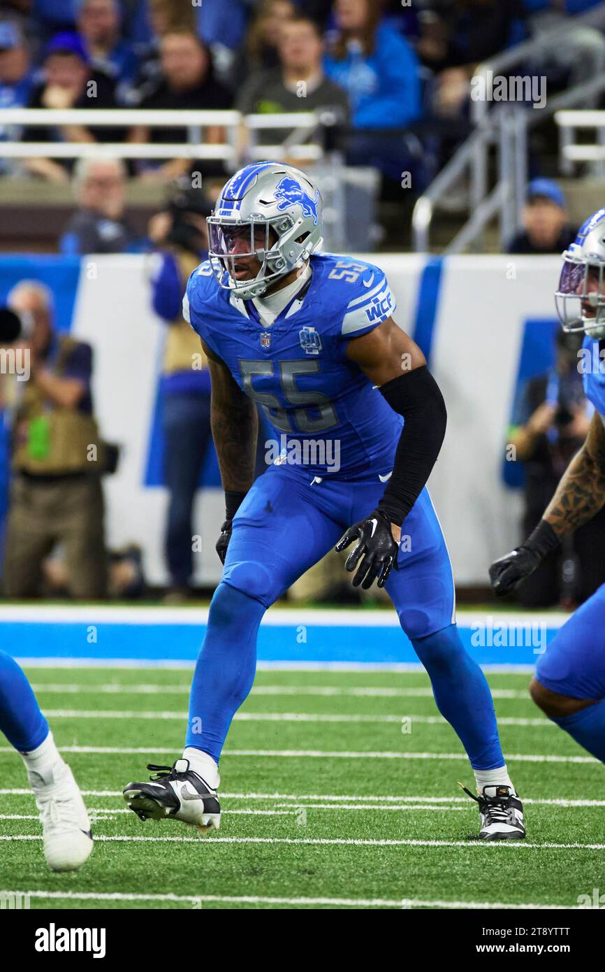 Detroit Lions linebacker Derrick Barnes (55) pursues a play on defense ...
