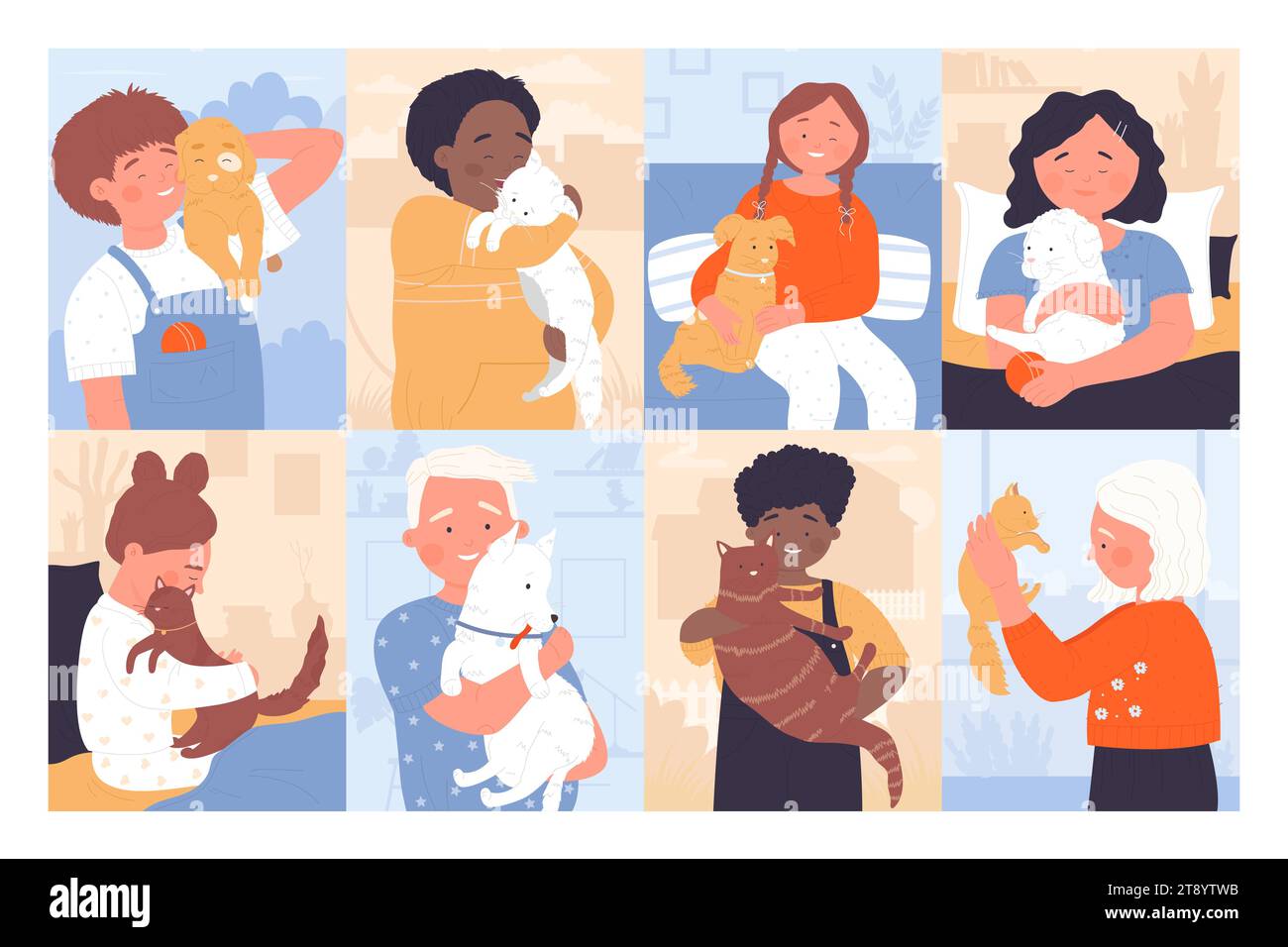 Kids holding pets set vector illustration. Cartoon happy children hold ...