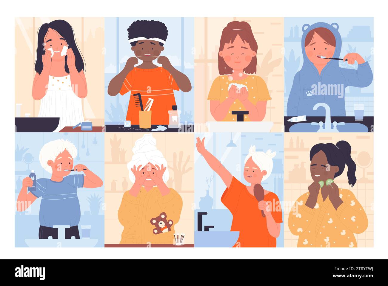 Kids morning routine set vector illustration. Cartoon happy school ...