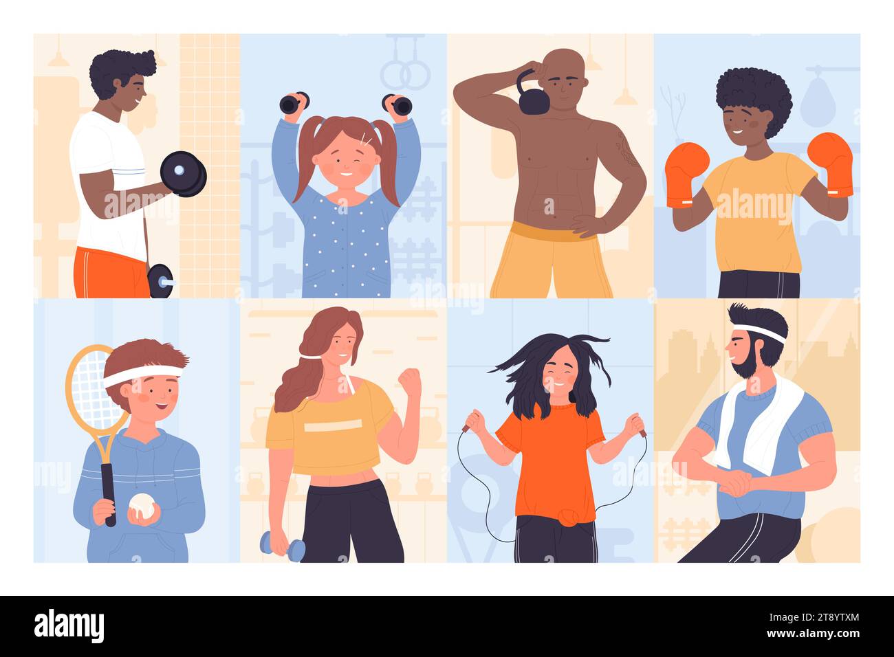 Sport workout and healthy physical exercises of people in gym set ...