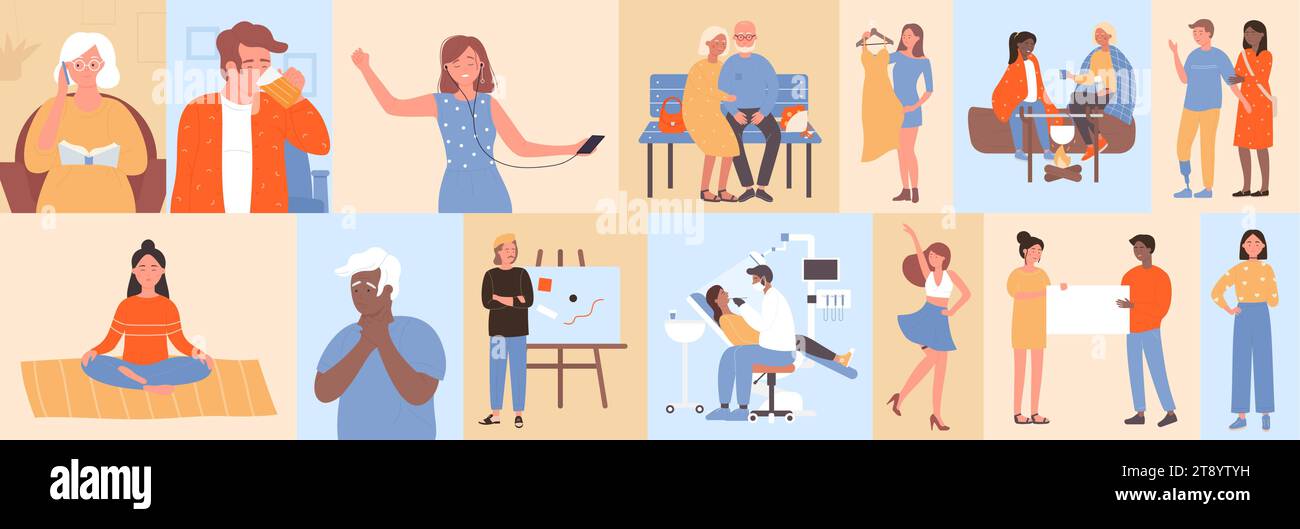 Everyday life scenes of people, geometric mosaic pattern vector ...