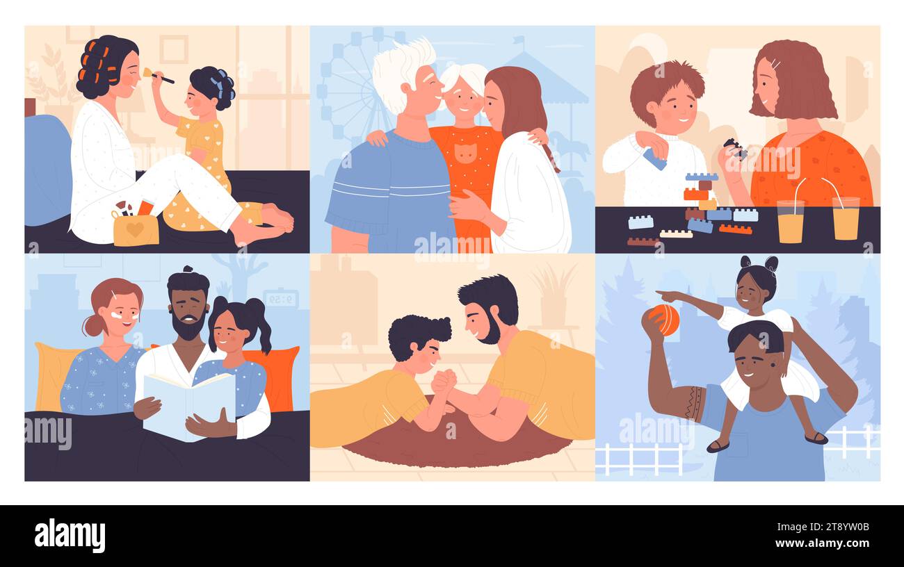 Parents play with kids together set vector illustration. Cartoon mother ...