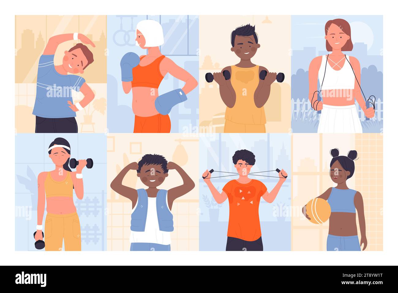Sport workout of people set vector illustration. Cartoon woman and man ...