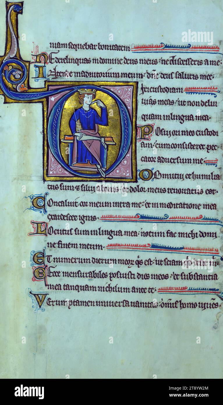 Psalter and Office of the Dead, Initial 'D' with King David pointing to ...