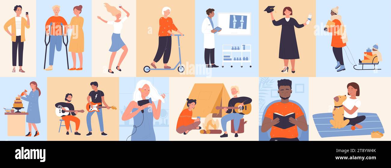 Daily healthy life of happy people, geometric mosaic pattern vector ...