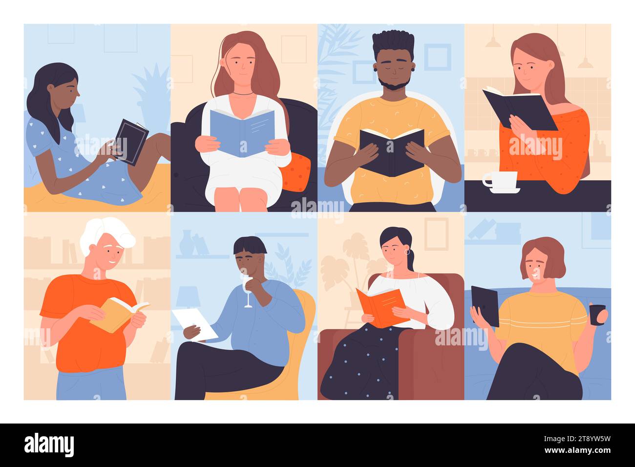 People read books set vector illustration. Cartoon male and female ...