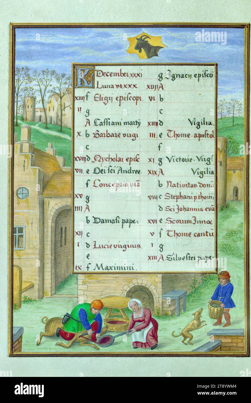 Book of Hours (Medieval text, Modern illuminations), Bleeding the pig ...